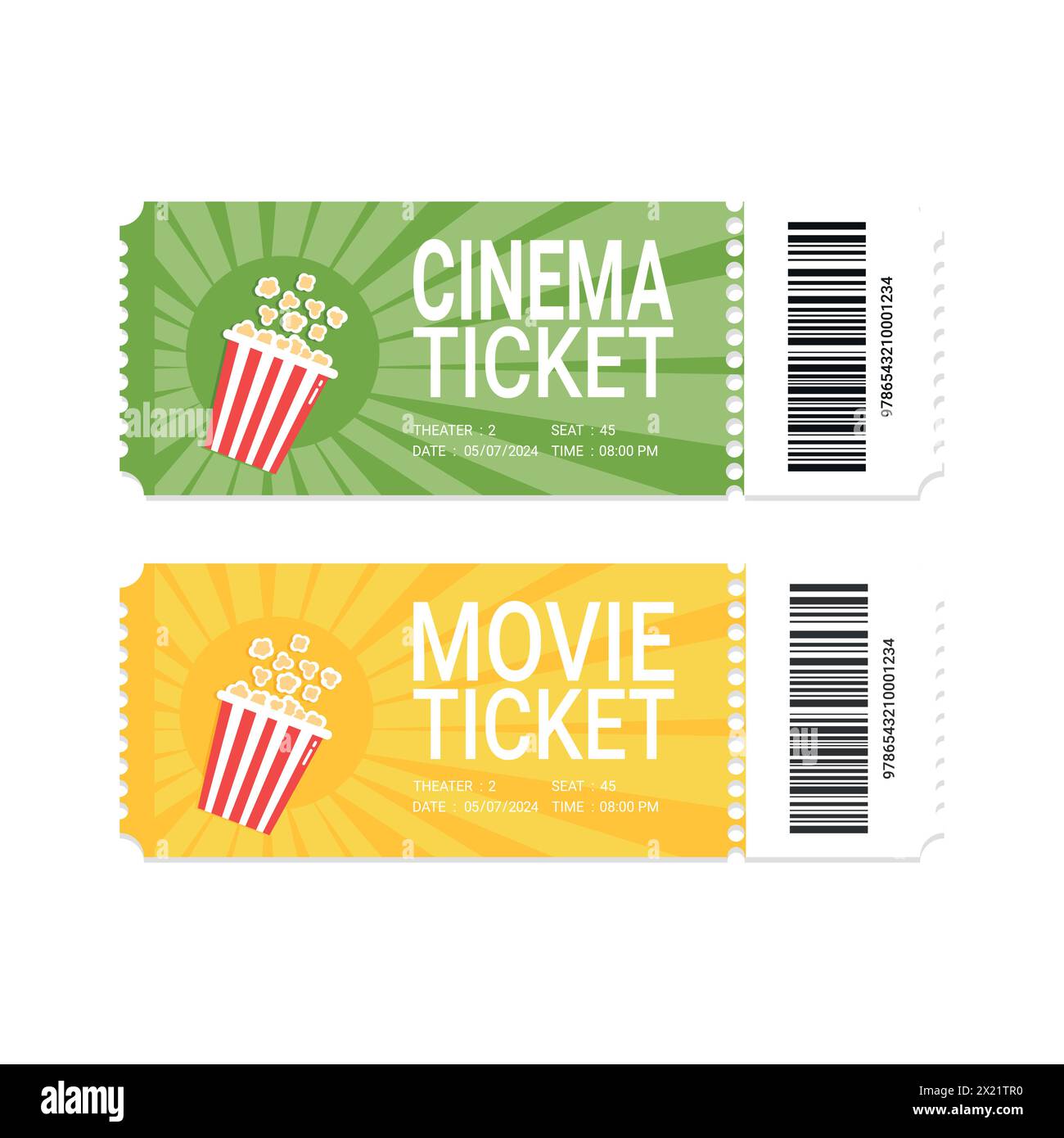 Modern movie or cinema ticket design with popcorn bucket. Realistic ...