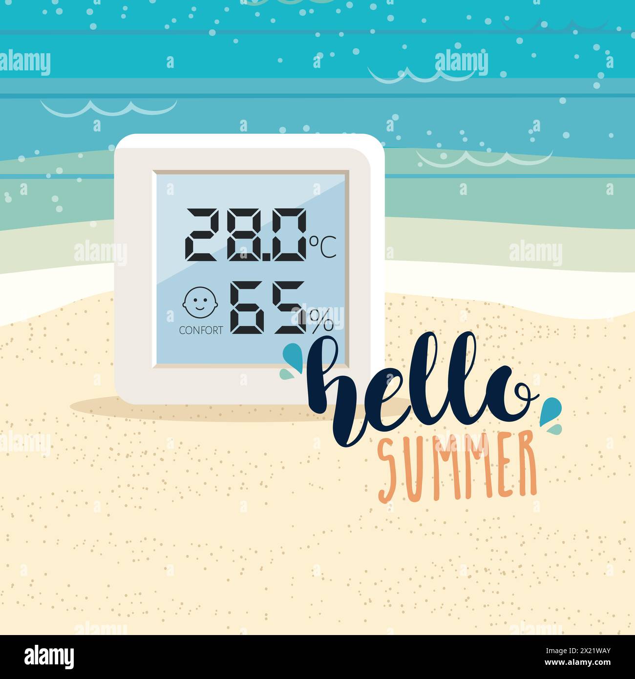 Beach background with a celsius digital weather thermometer. Summer ...