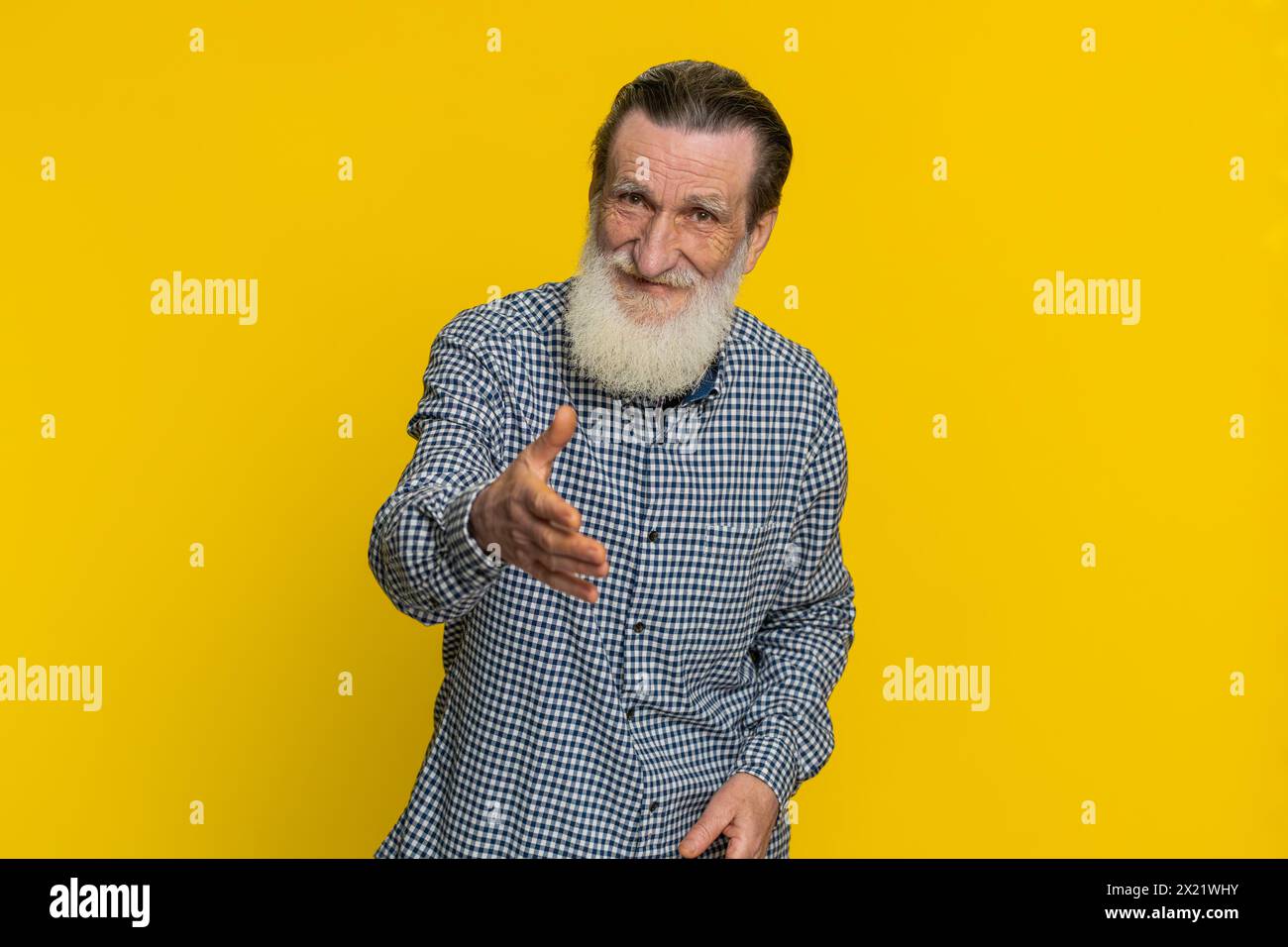 Friendly senior old man outstretching hand to camera offering handshake ...