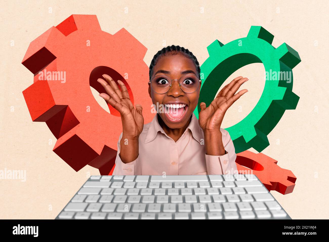 Composite photo collage of happy astonished girl office tool keyboard ...
