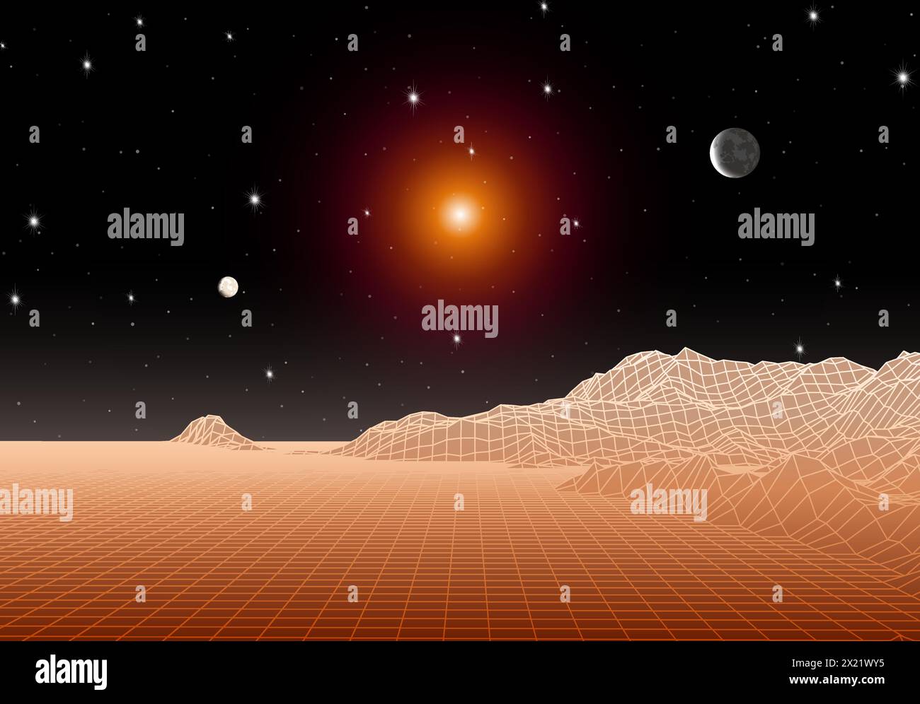 Retro futuristic landscape with mountains and sun in deep space. 80s ...