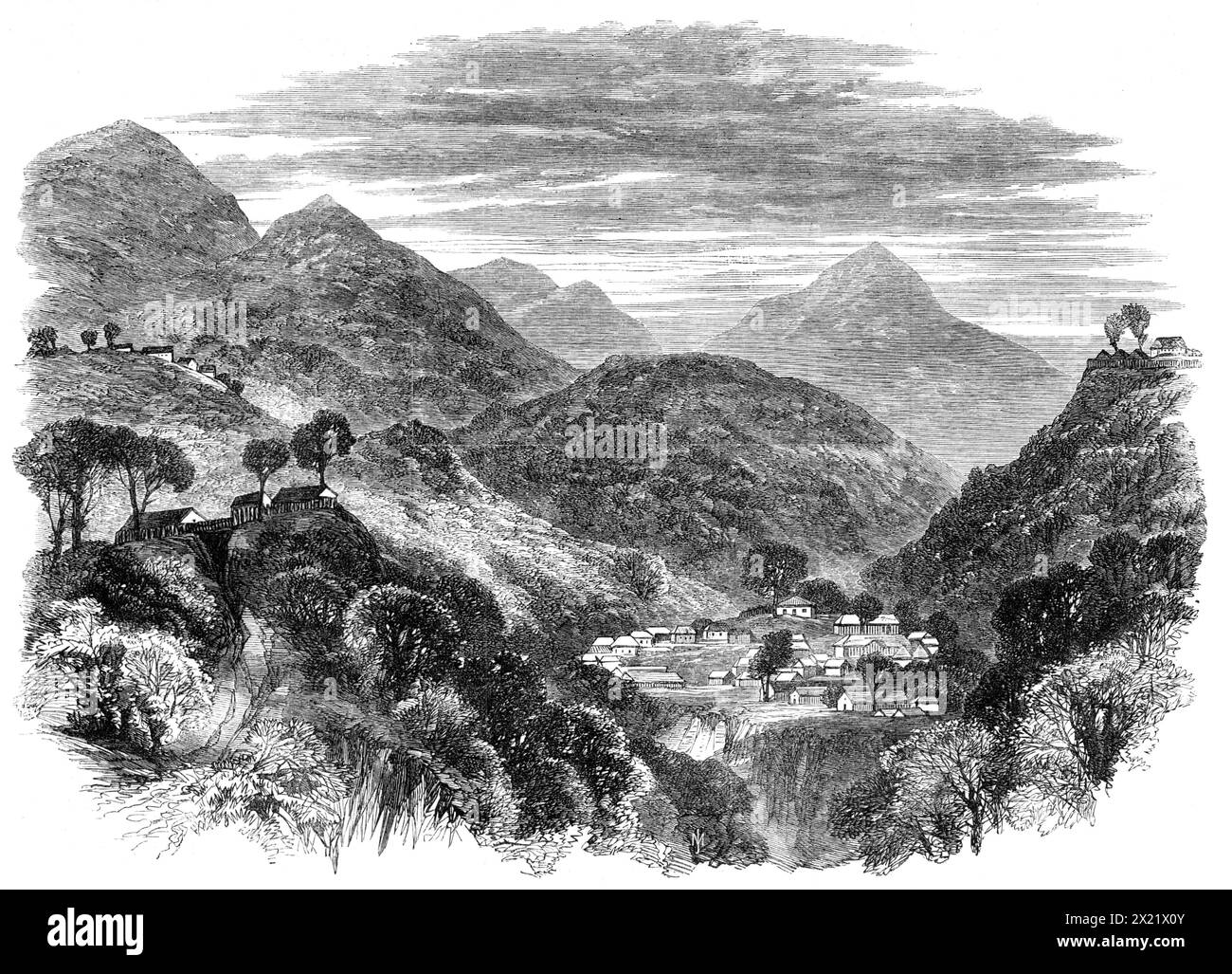 The War in Bhootan: view of Buxa Dooars, 1865. Engraving of a sketch by ...