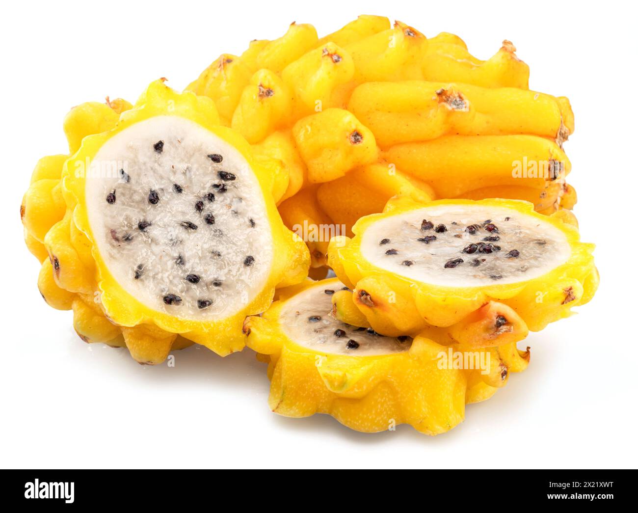 Yellow pitahaya or yellow dragon fruit and cross cuts of fruit with ...