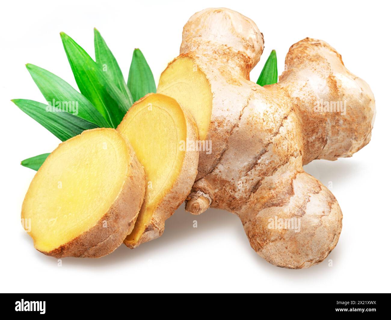 Fresh ginger root and ginger slices with leaves isolated on white ...
