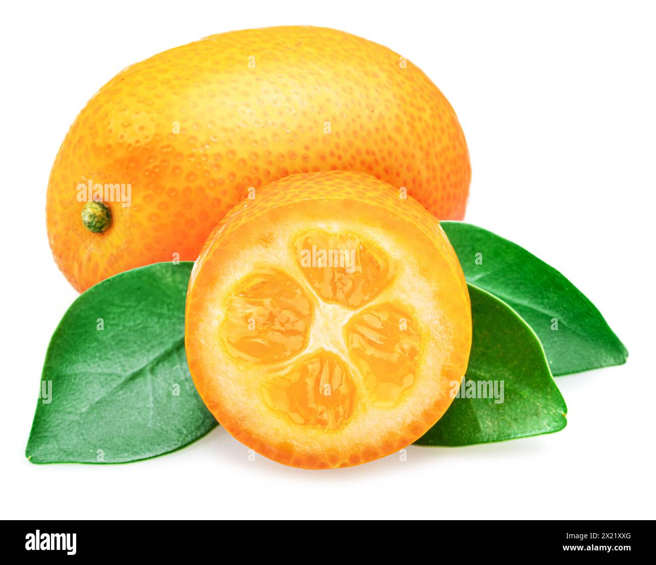 Ripe kumquat fruit and kumquat slice with leaves isolated on white ...