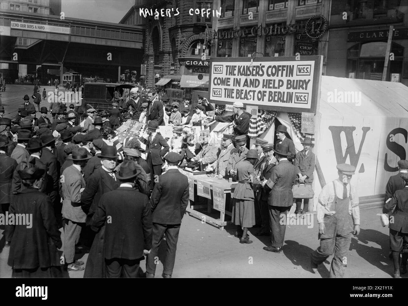 Kaiser's coffin, May 1918. Display of Kaiser's coffin with sign reading ...