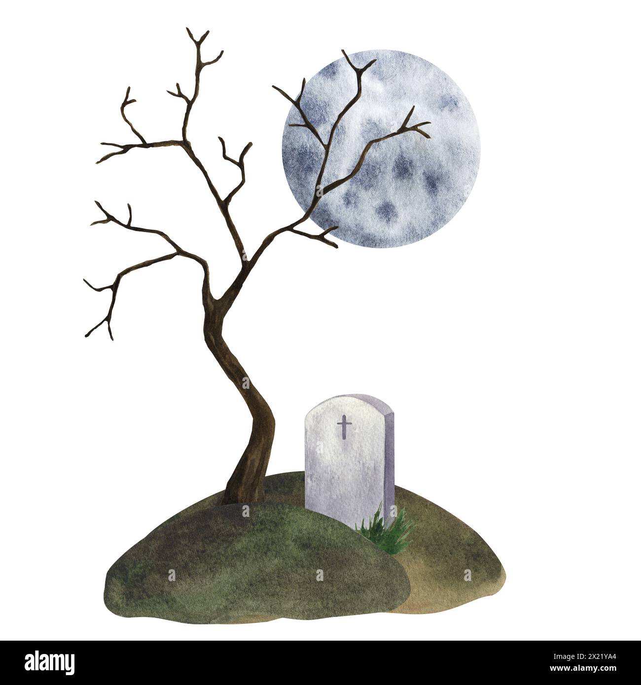 Cemetery, grave and a dry tree on hill under full moon. Horror concept ...