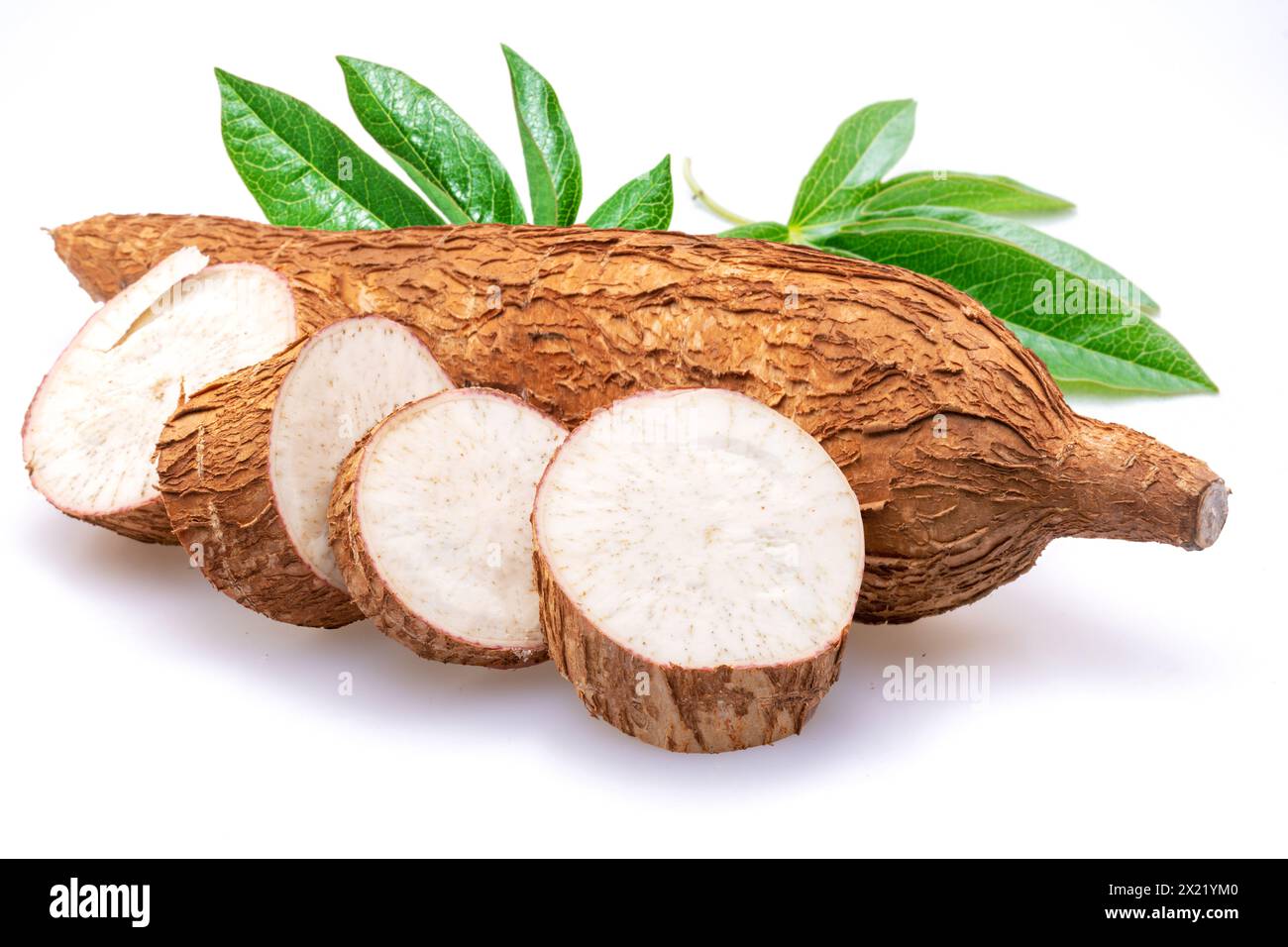 Cassava tubers with leaves and cassava slices isolated on white ...