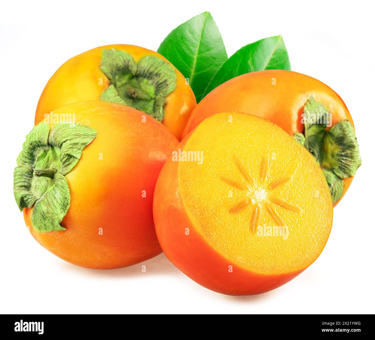 Ripe persimmon fruits or kaki fruits with leaves isolated on white ...