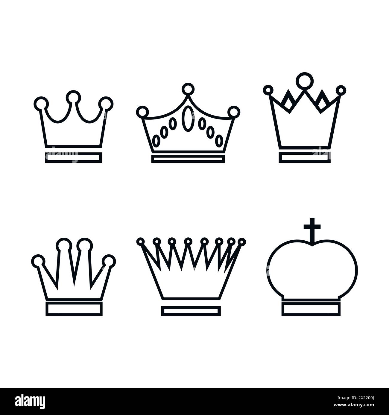 Set, collection line contour crown different design in black colour ...