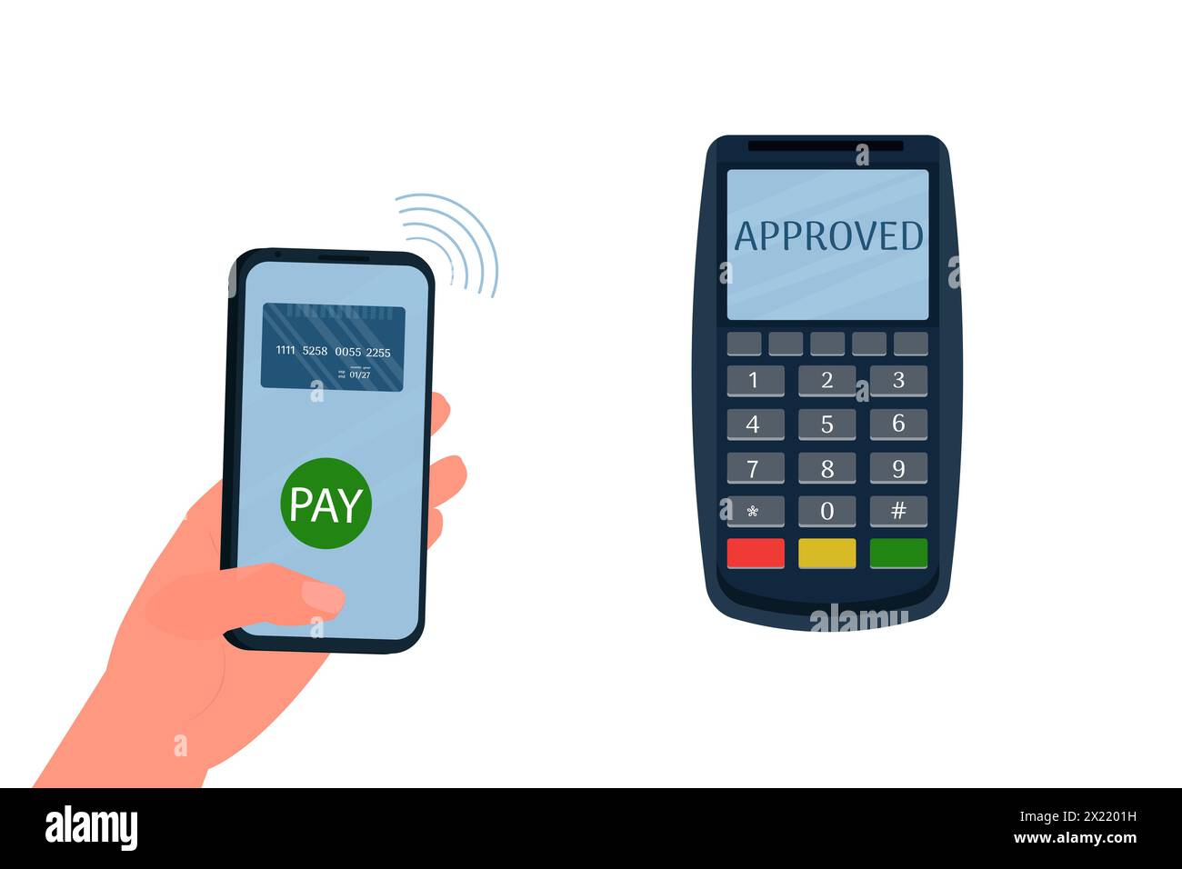 Payment by credit card using POS terminal and smartphone, approved payment. Wireless payment ...