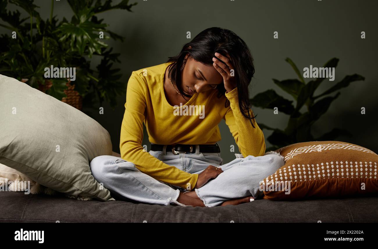 Frustrated, student and girl in bedroom, sad and anxiety with mental ...