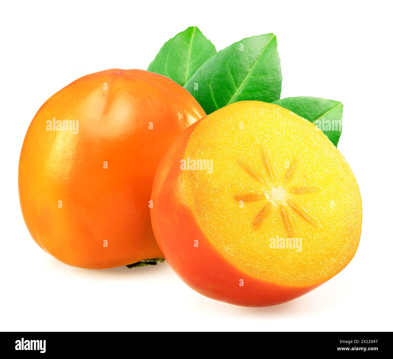 Ripe persimmon fruits or kaki fruits with leaves isolated on white ...