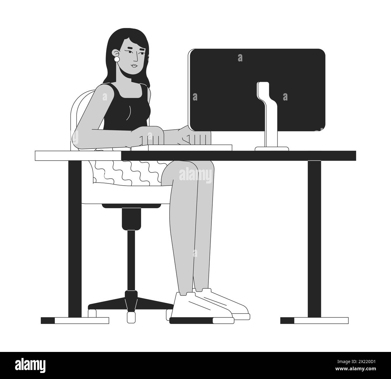 Young woman sitting at computer black and white 2D line cartoon ...