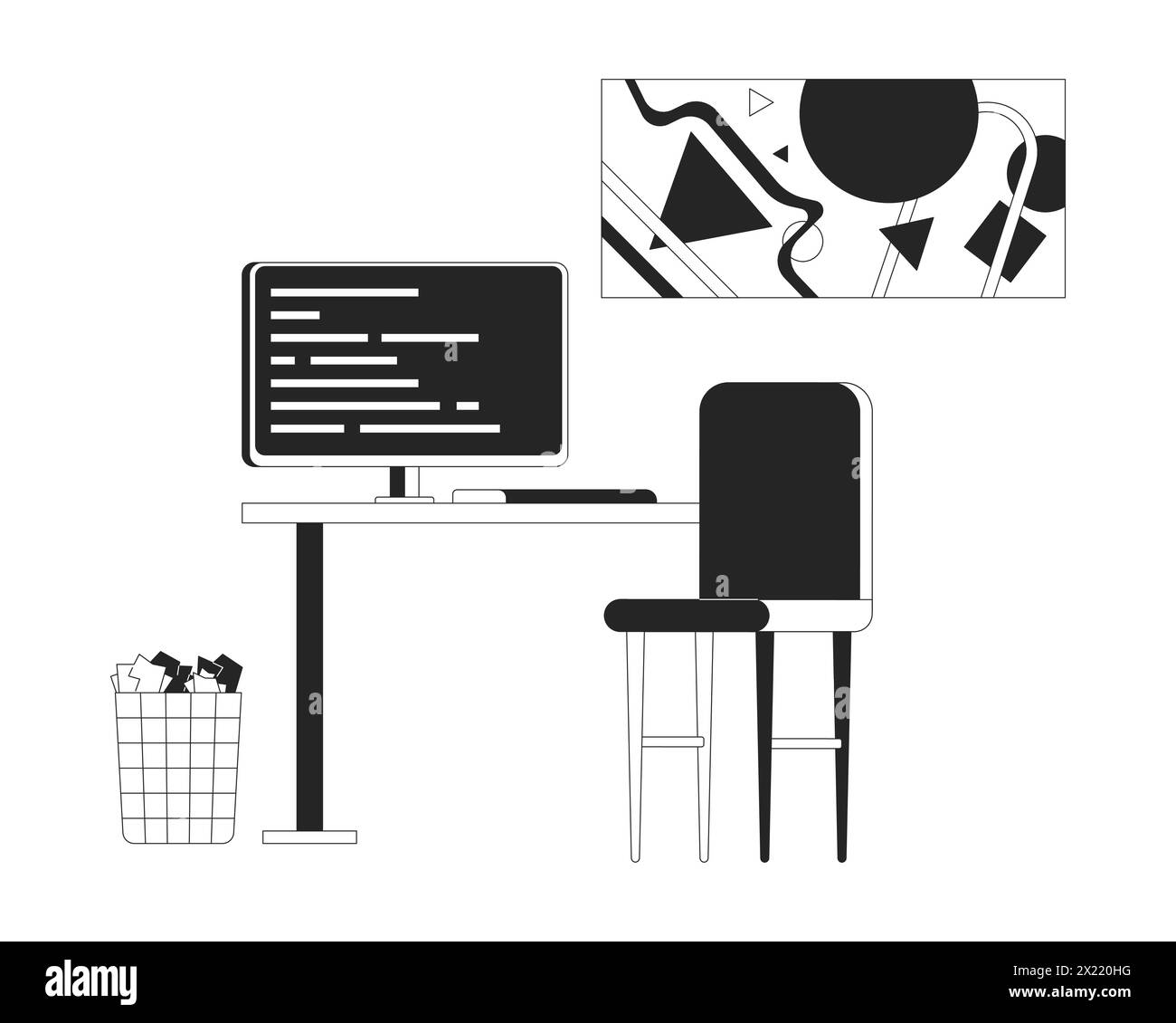 Office workplace with computer black and white 2D line cartoon object ...