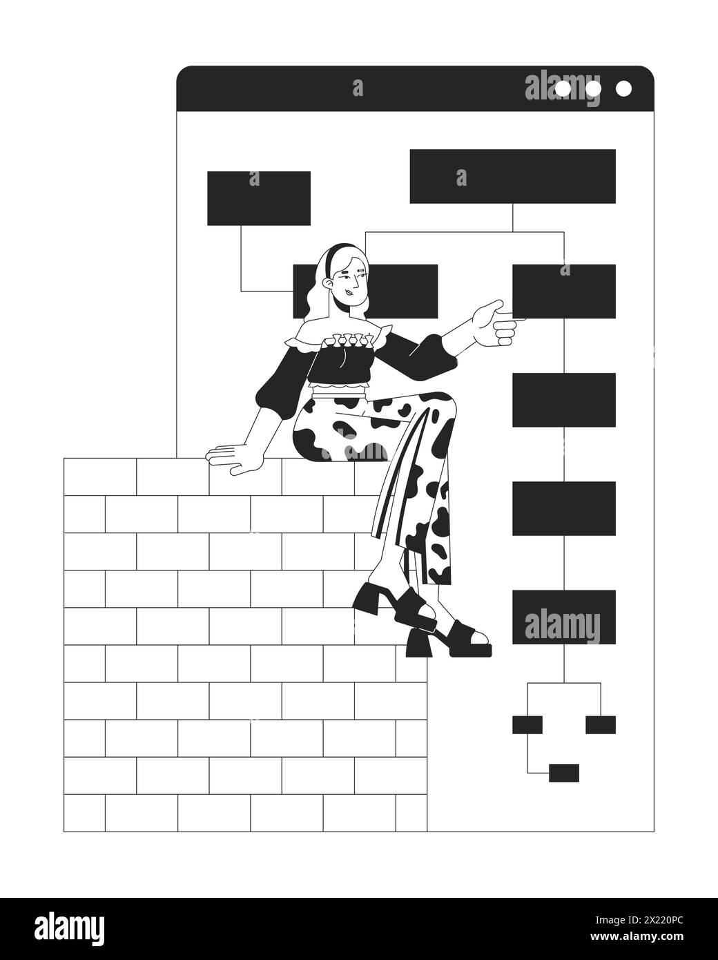 Woman developer building website wireframe black and white 2D line ...