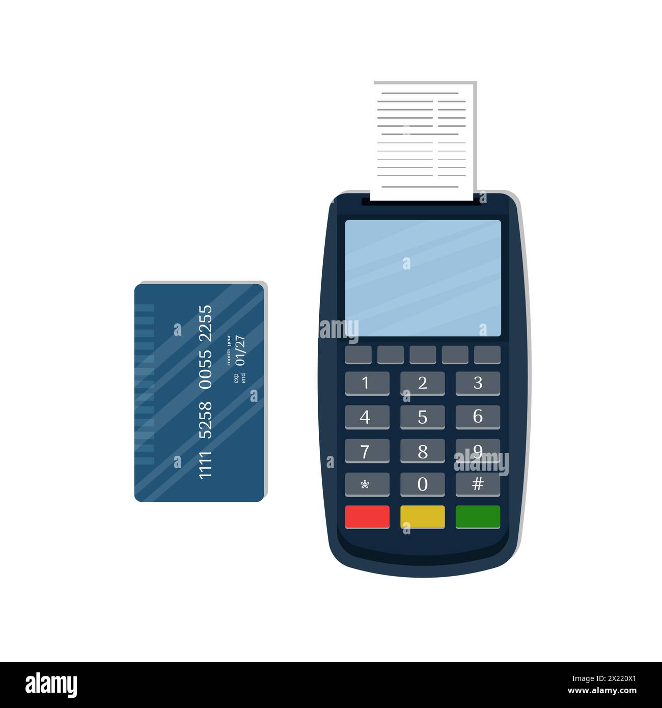 Payment terminal with paper check and plastic bank card. POS terminal ...