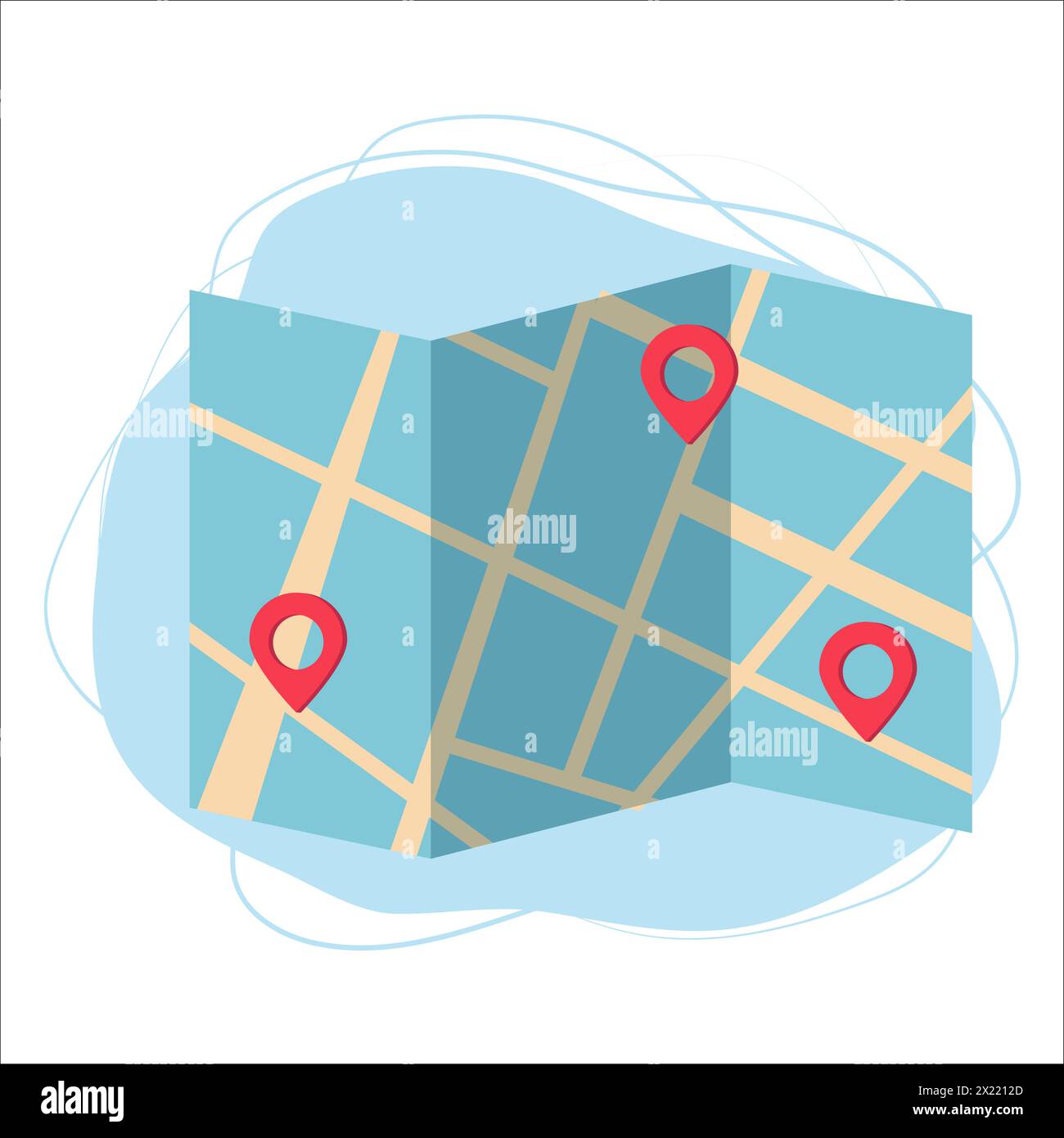 Colorful Folded maps with color point markers isolated on white background. Navigation, trip ...