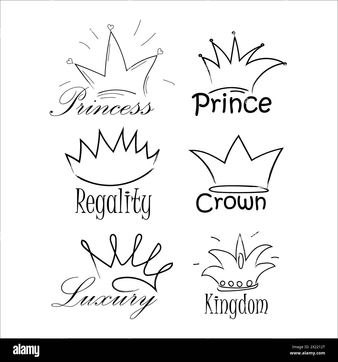 Set of crowns with text in doodle style isolated on white background ...