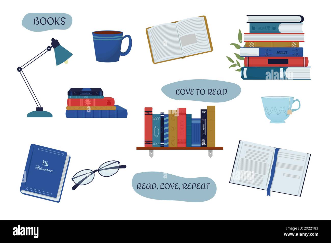 Set, collection stack of books, bookshelf, in different views open and ...