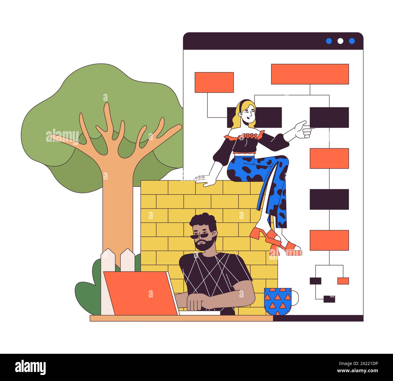 Multiracial team developing software 2D linear cartoon characters Stock ...