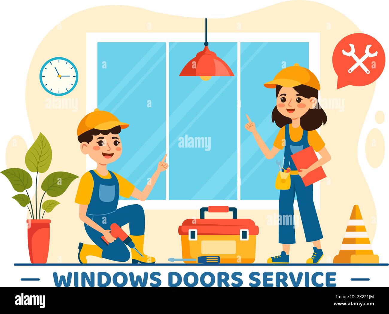 Windows and Doors Installation Service Vector Illustration with Worker ...