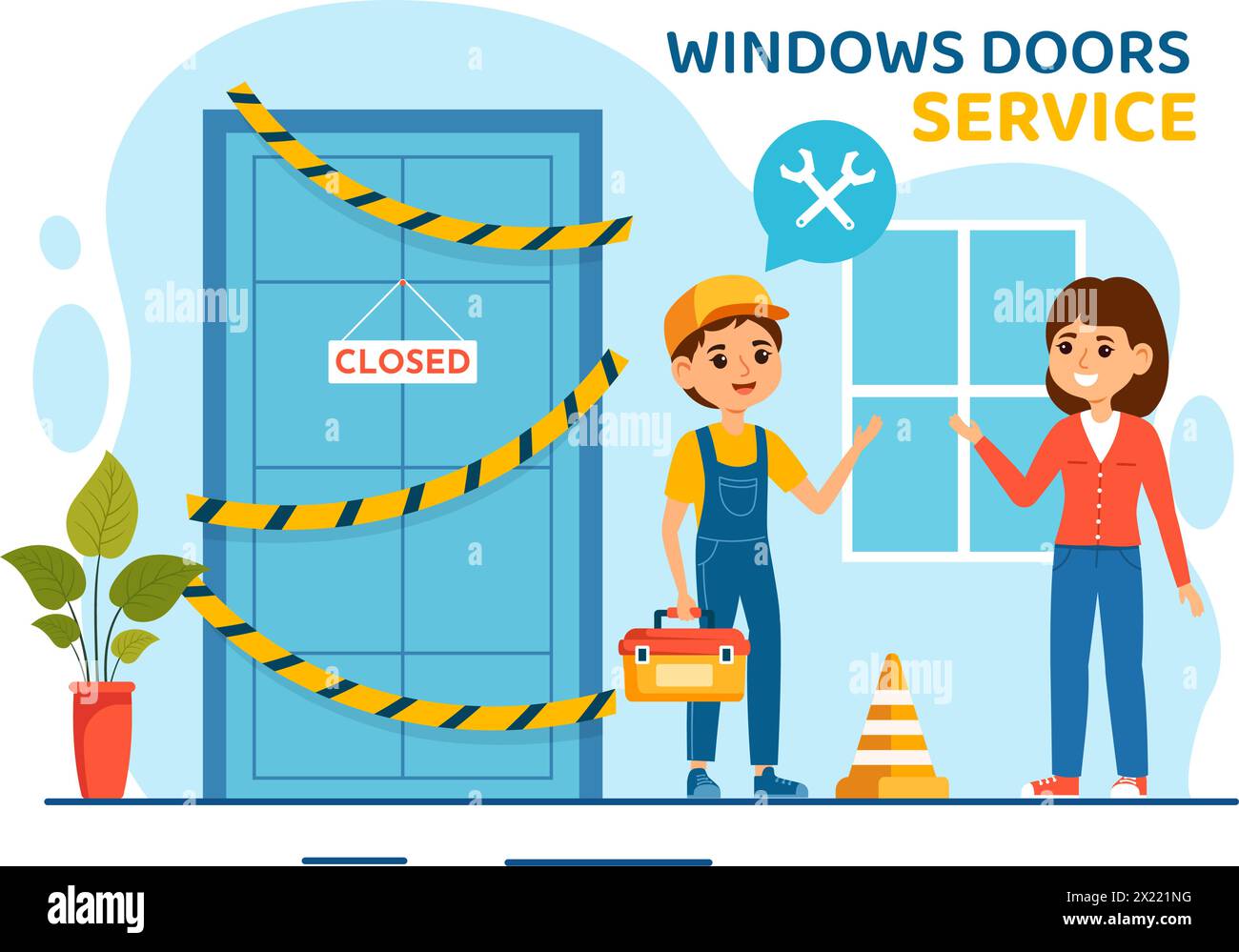 Windows and Doors Installation Service Vector Illustration with Worker ...