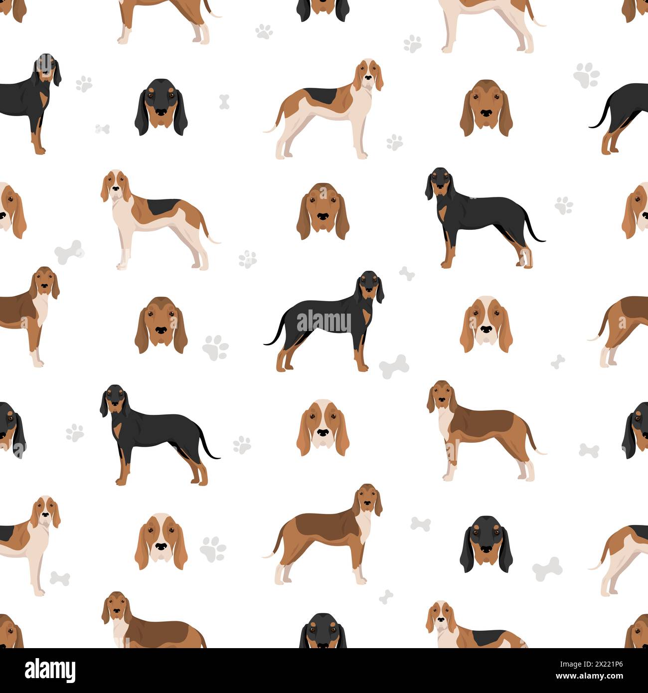 Black and tan Virginia Foxhound seamless pattern. Different coat colors ...