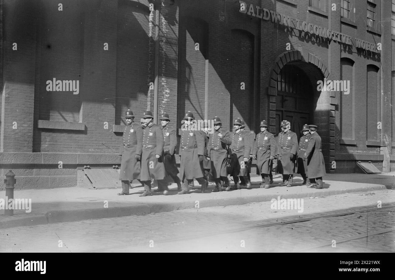 Police patrol marching outside Baldwin Locomotive Works, Philadelphia ...