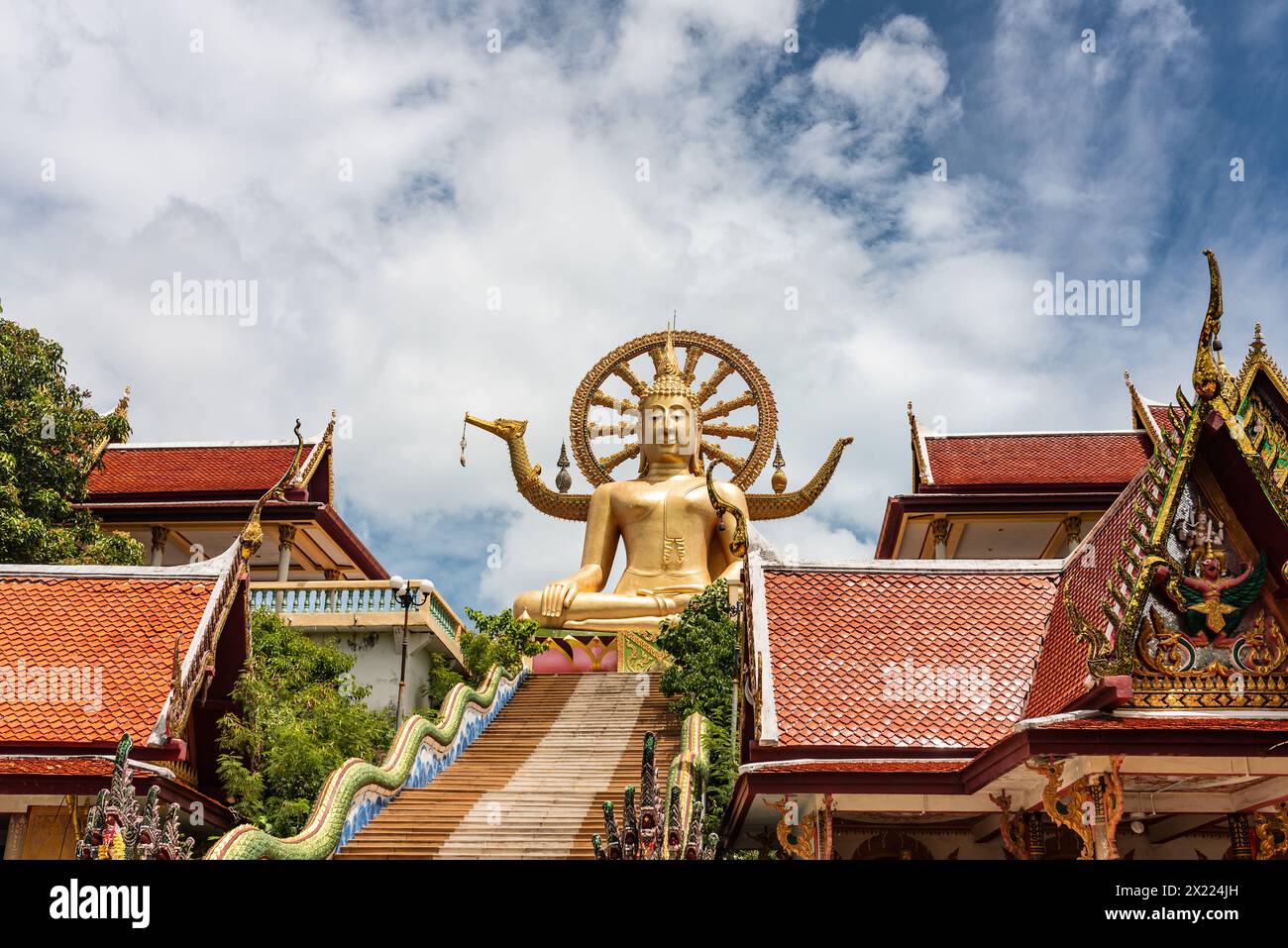 A majestic golden Buddha statue with a radiant halo sits atop temple ...