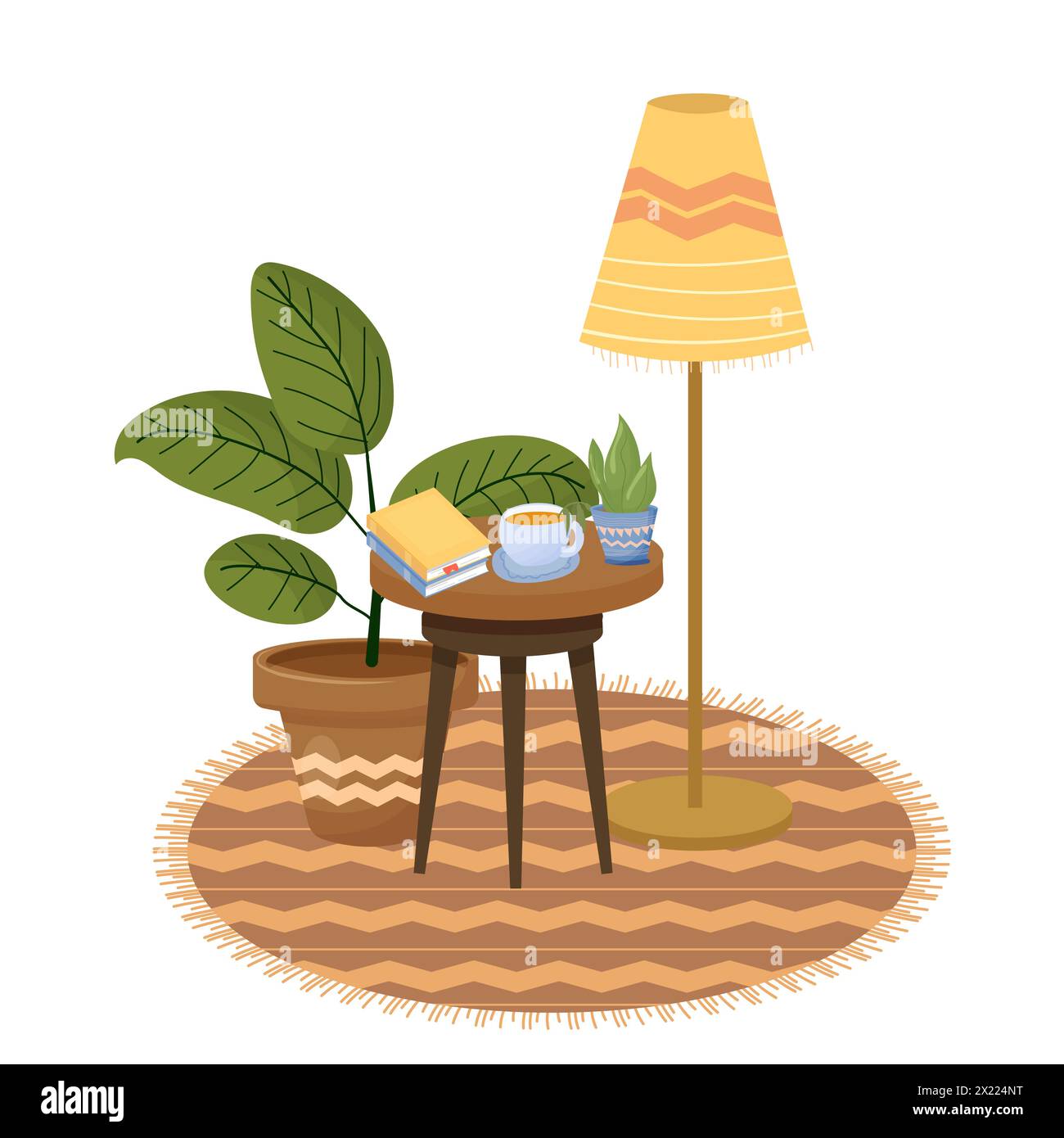 Cozy hygge, Scandinavian composition with round table, lanp, books, tea ...