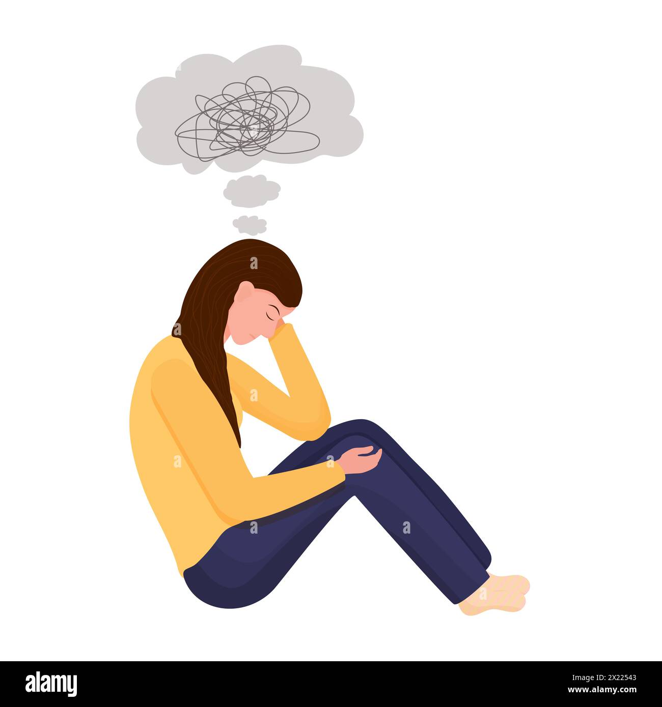 Sad, unhappy young woman sitting with bad thoughts isolated on white ...