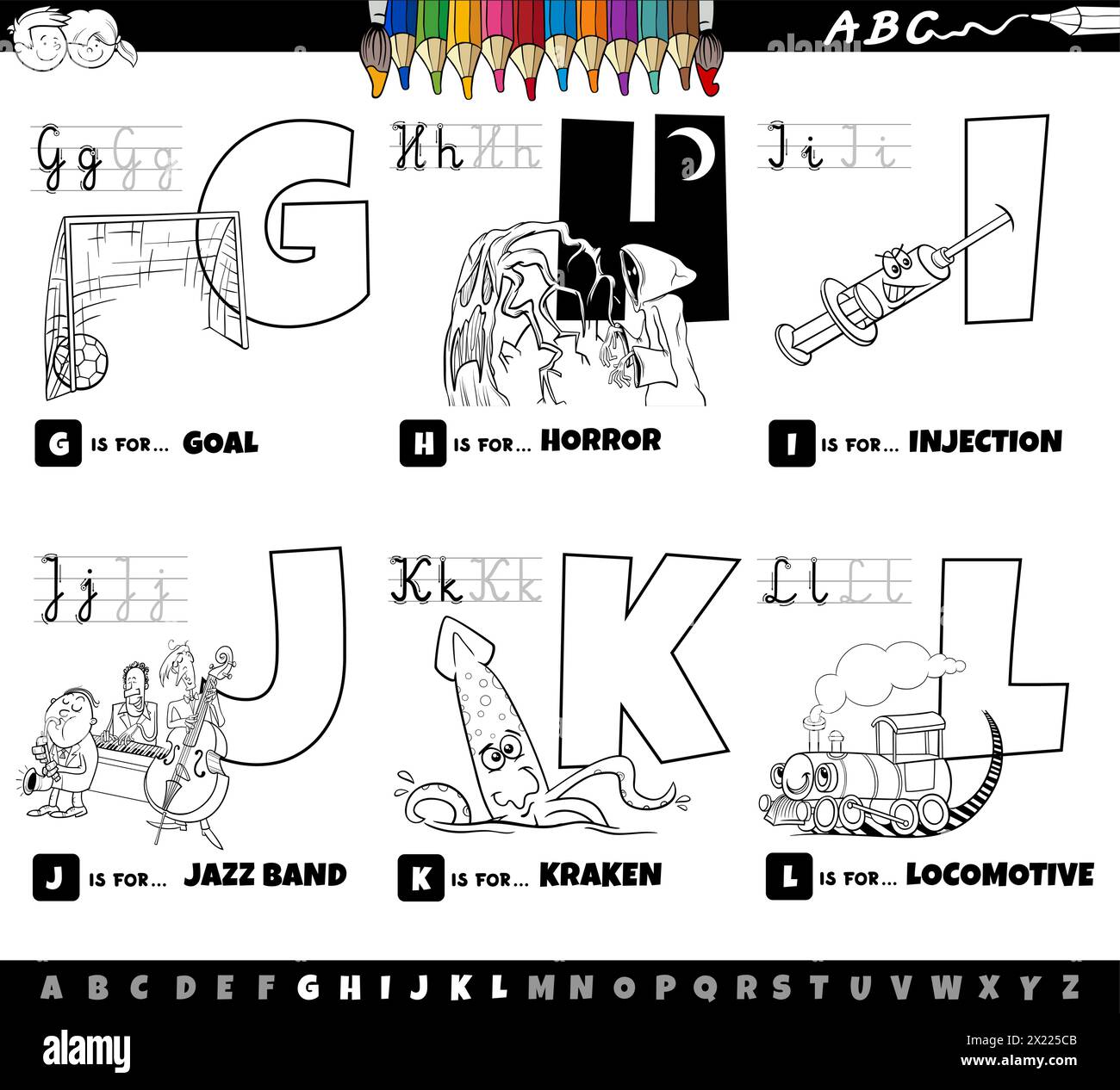 Black and white cartoon illustration of capital letters from alphabet ...