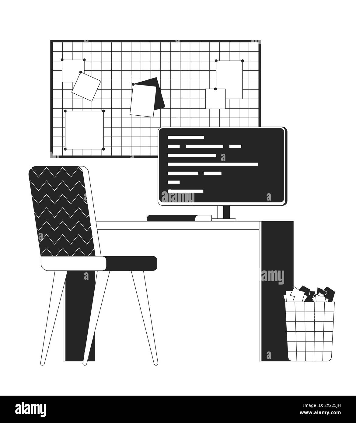 Office worker desk with computer black and white 2D line cartoon object ...