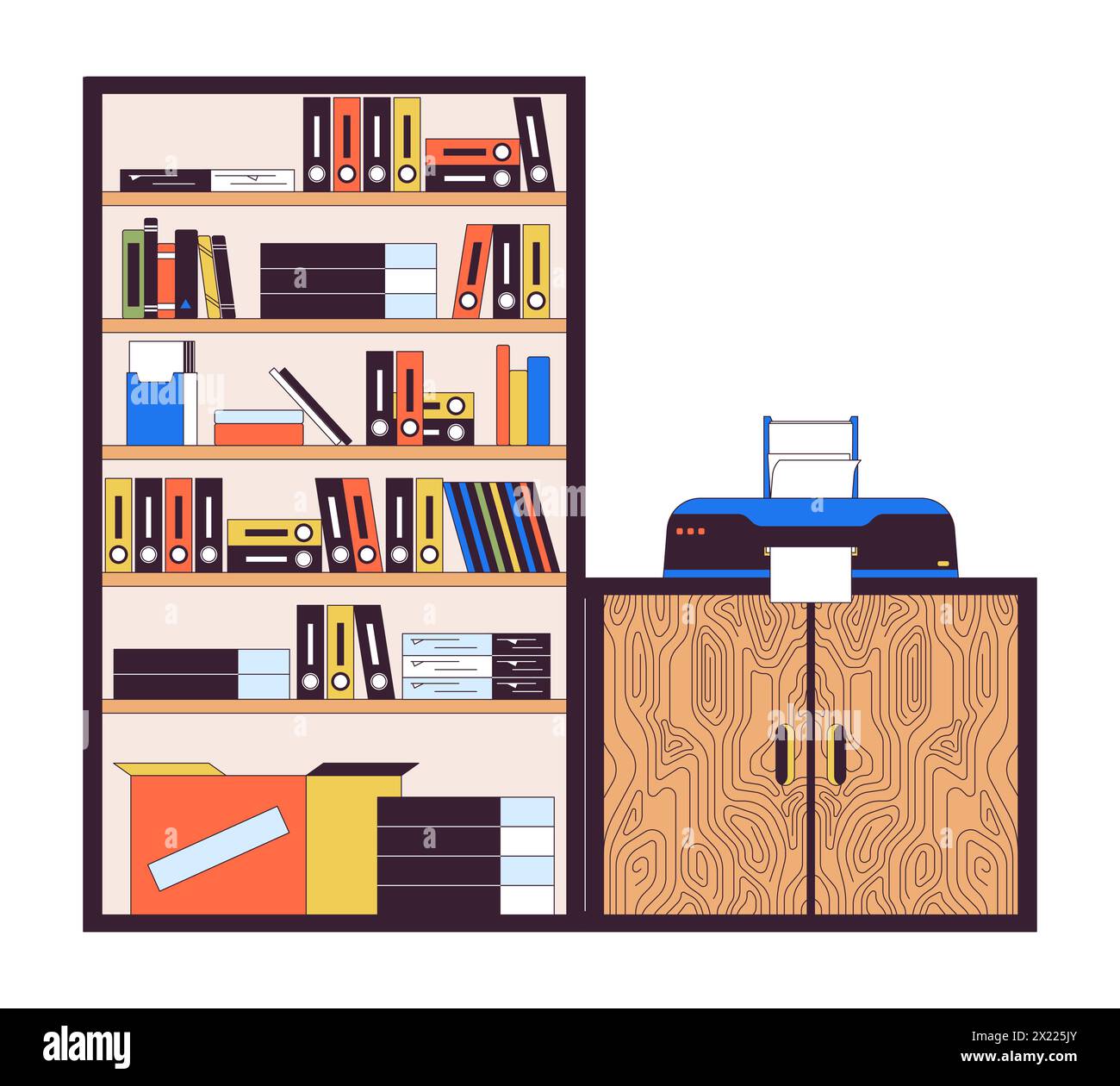 Bookcase and cabinet with printer 2D linear cartoon objects Stock ...