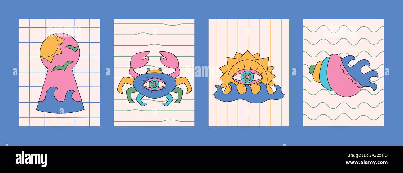 Summer groovy cartoon cards set. Trippy bright designs for t-shirt ...
