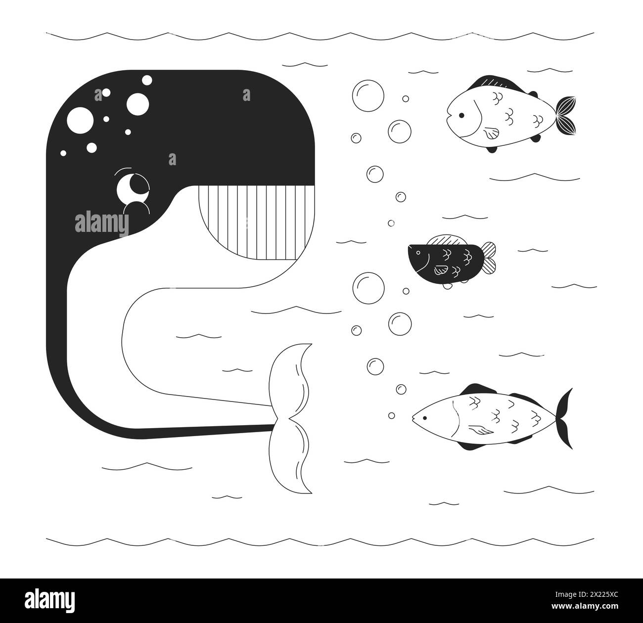 Happy whale with fishes underwater black and white 2D line cartoon ...