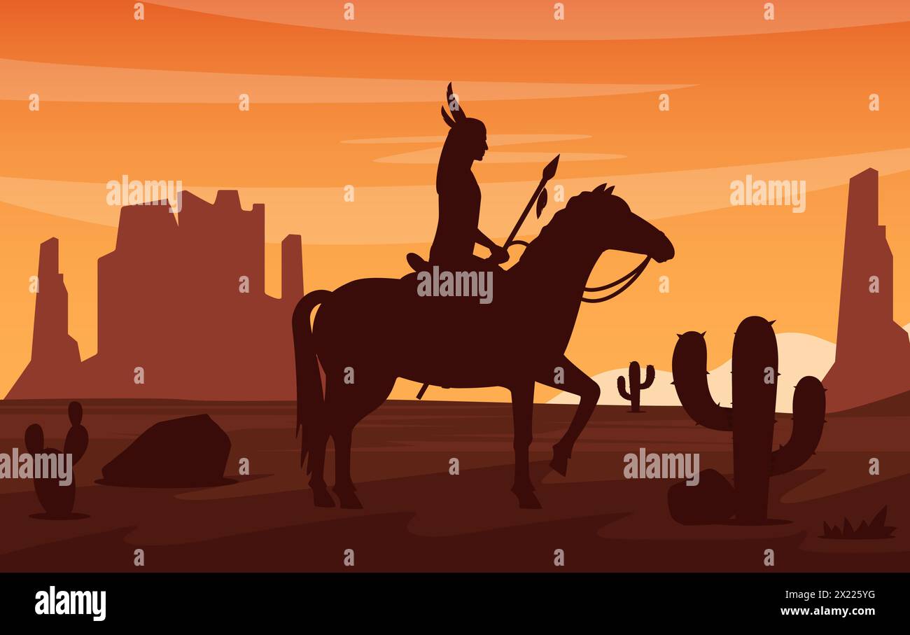 Native american indian warrior with a spear riding horse on sunset ...