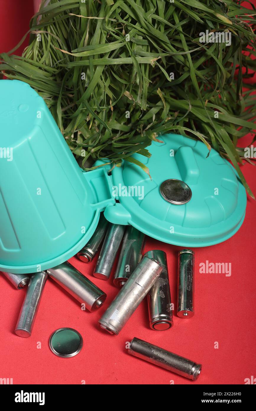 Used finger batteries in a miniature trash can. Fading greens. Pink ...