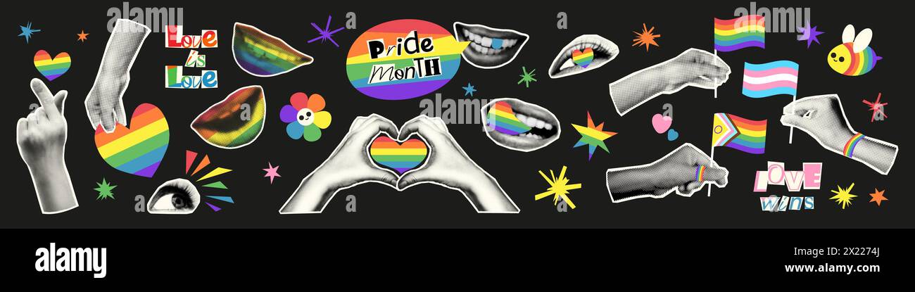 LGBTQ Pride month halftone collage elements set vector illustration ...