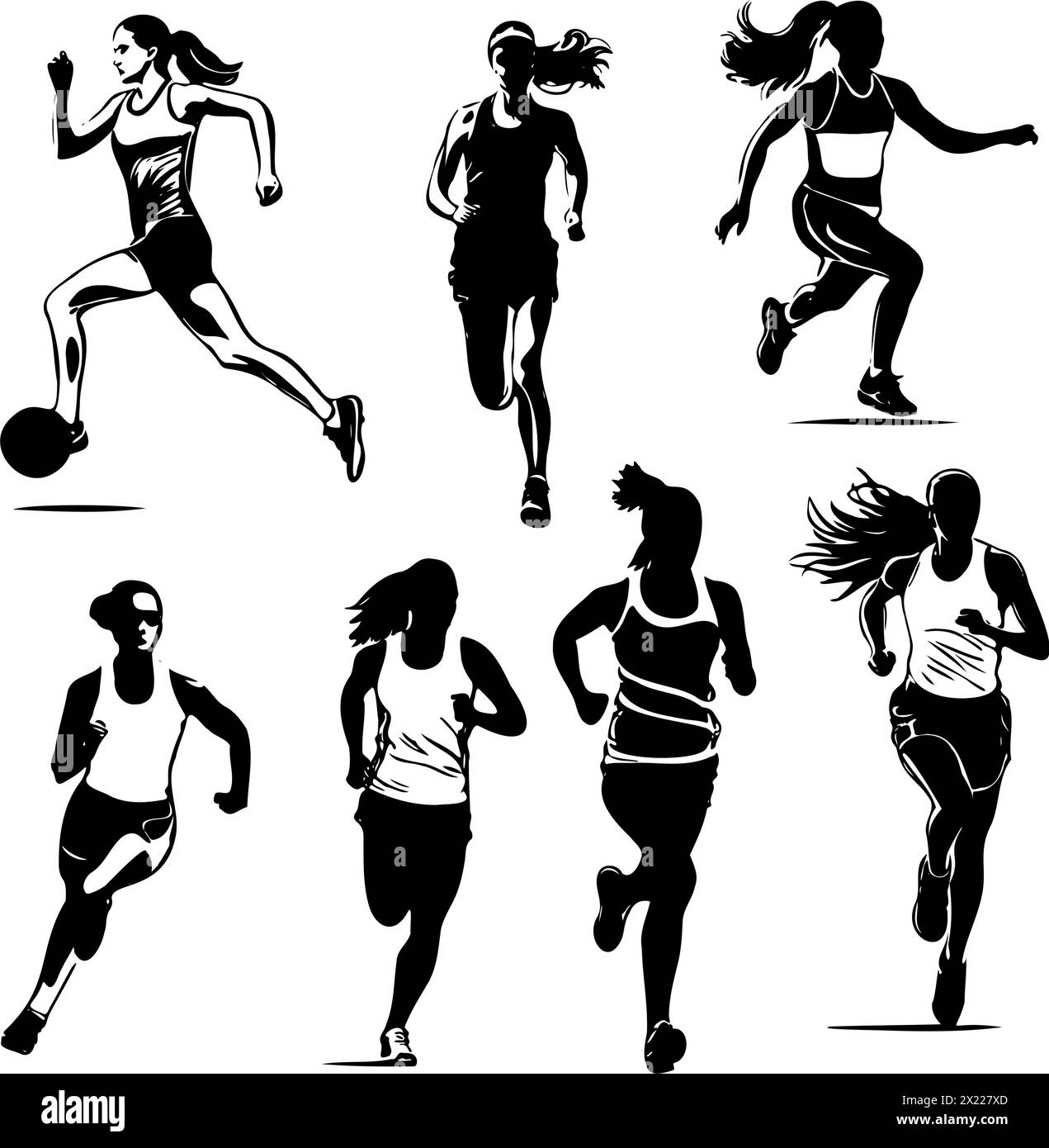 A series of silhouettes of women running. The women are running in ...