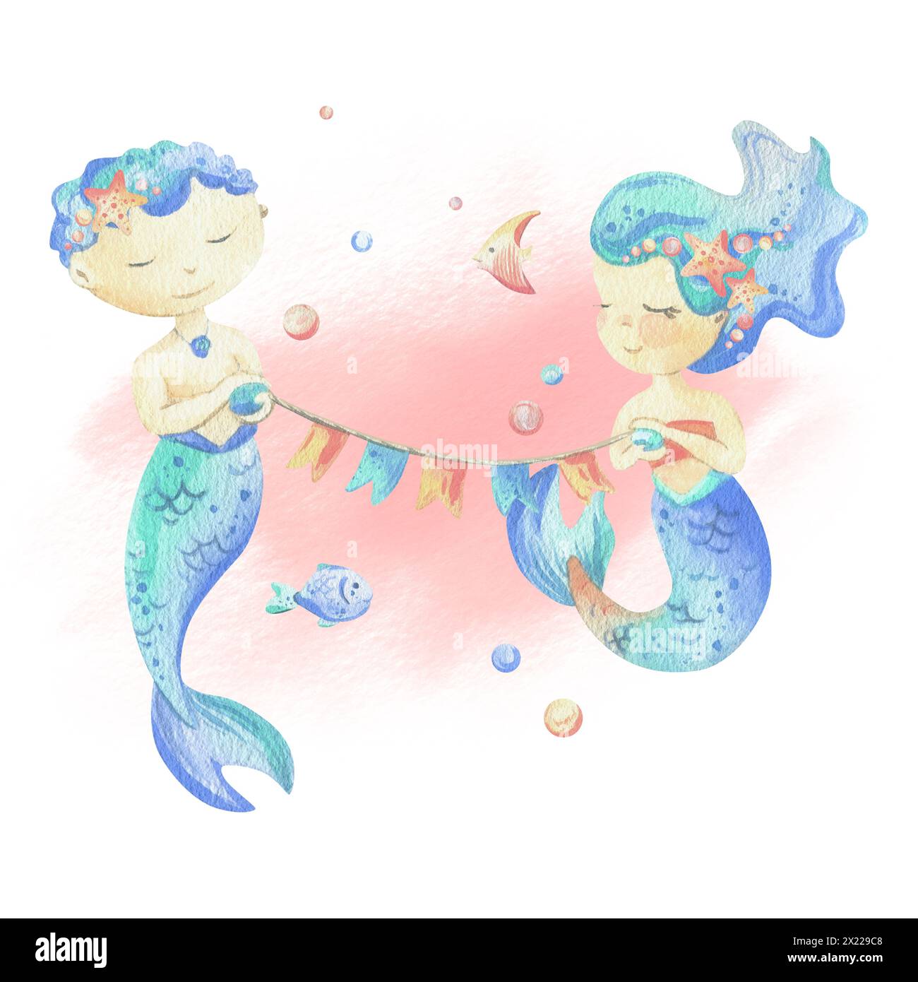 Mermaids is a little girl and boy. Watercolor illustration hand drawn ...