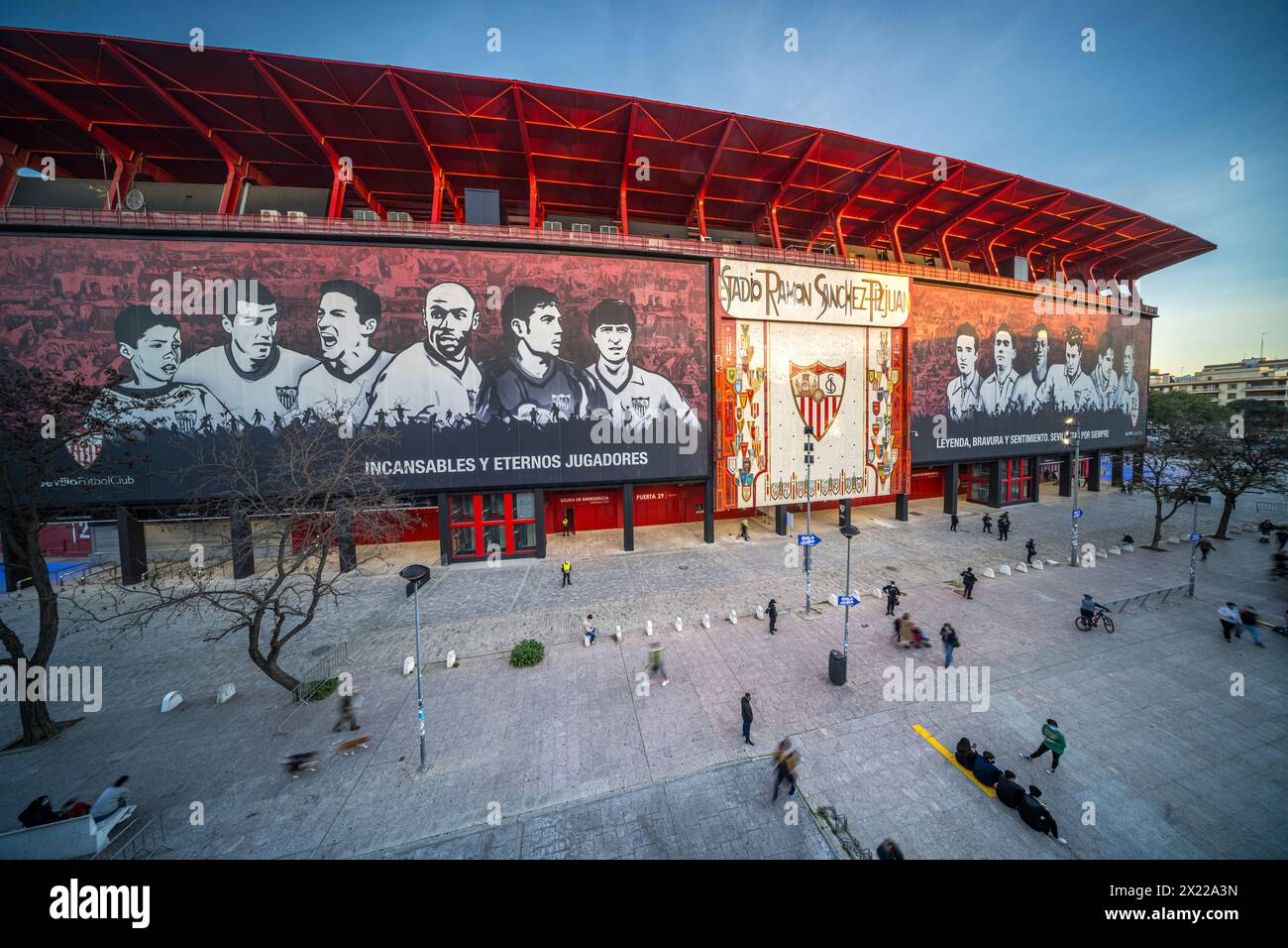 people walk around Sevilla FCs iconic Ramon Sanchez-Pizjuan Stadium in ...