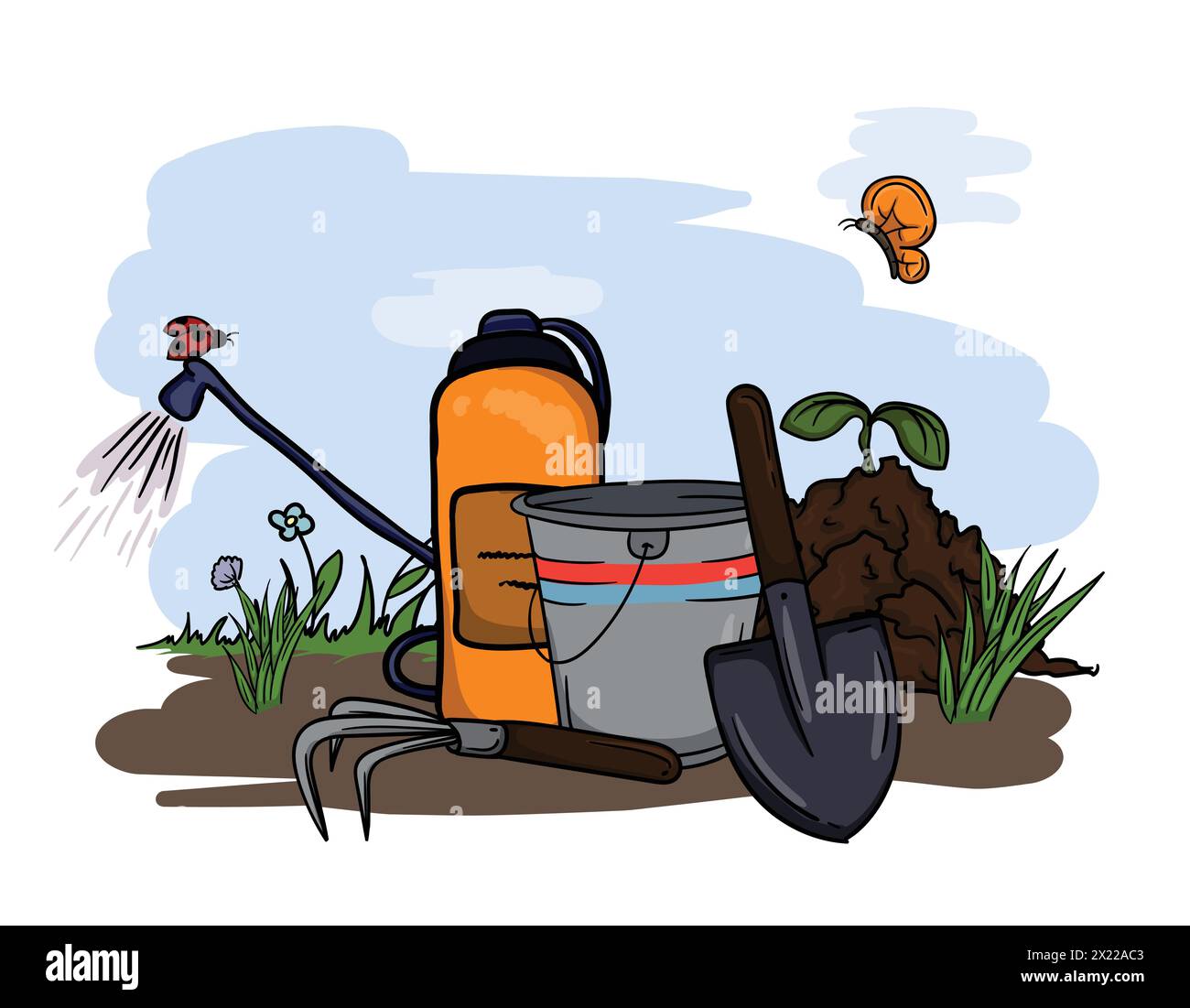 Bright vector hand drawn illustration of garden tools, shovel, rake ...