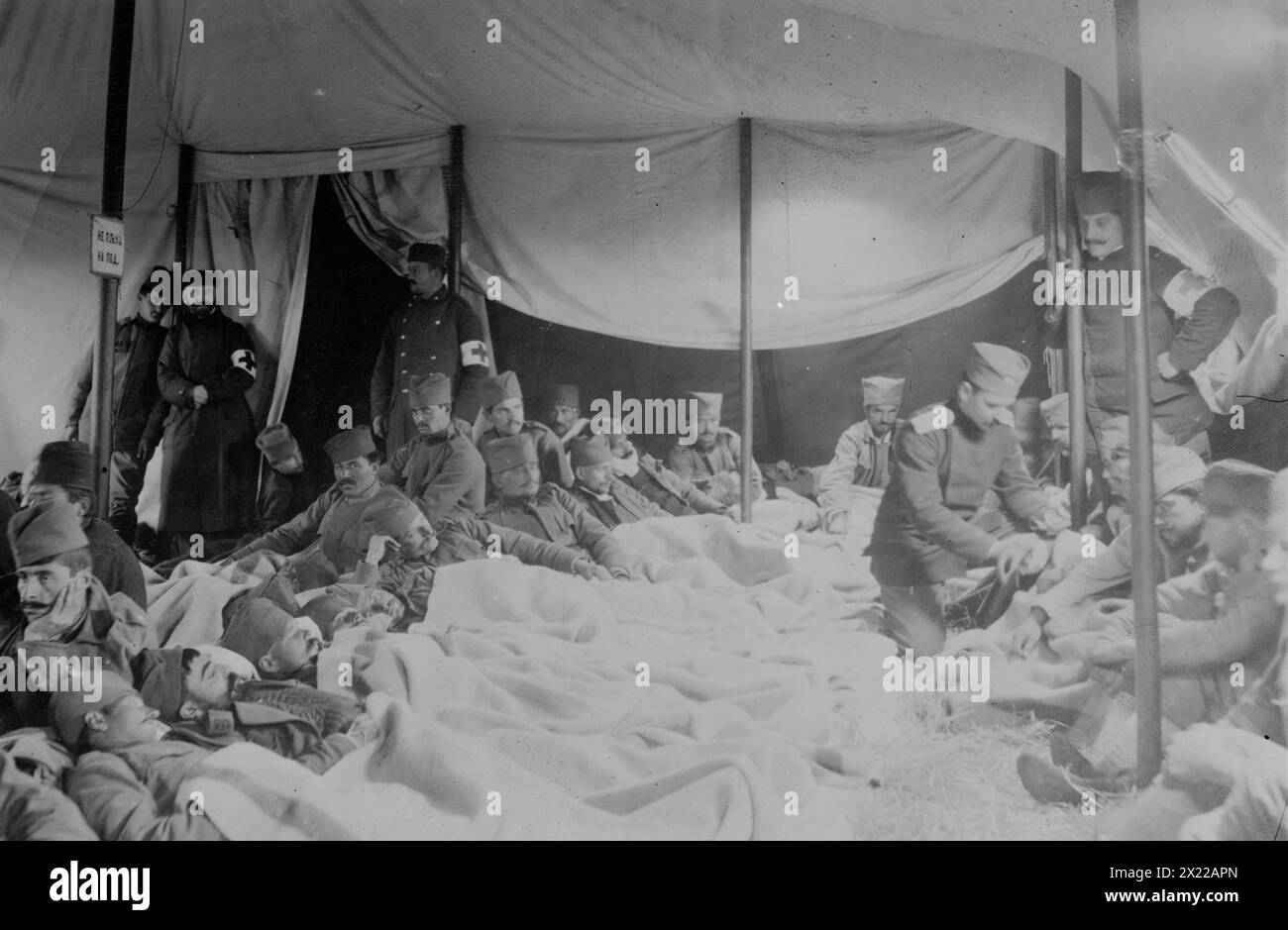 Servian Red Cross, 1912. Shows Serbian Red Cross workers with wounded ...