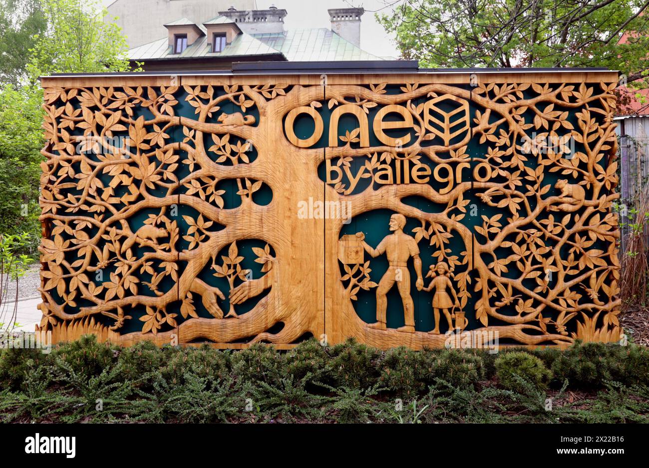 Cracow. Krakow. Poland. Wooden bas-relief on the backside of Allegro ...