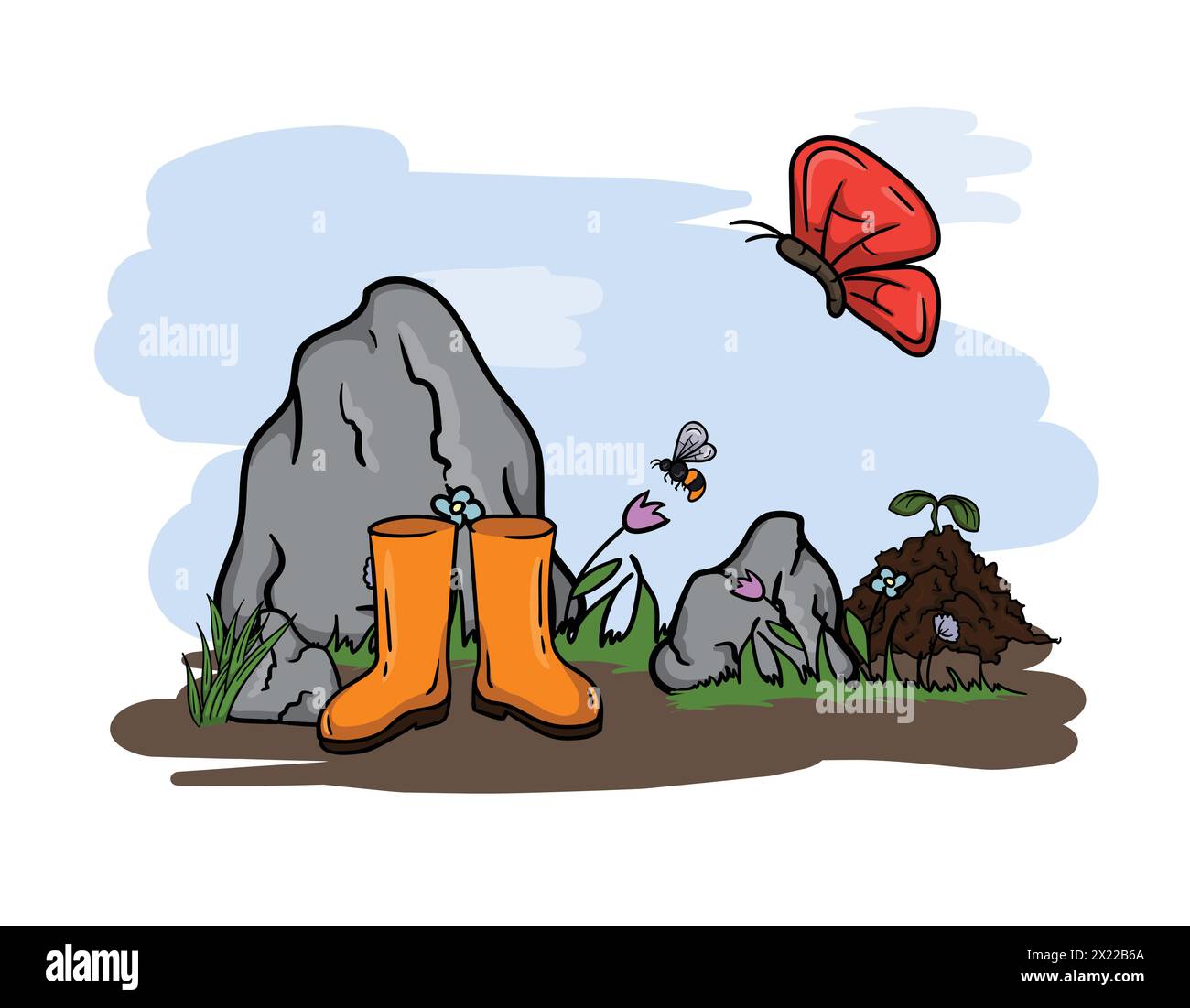 Bright vector hand drawn illustration of spring nature, stones, grass ...