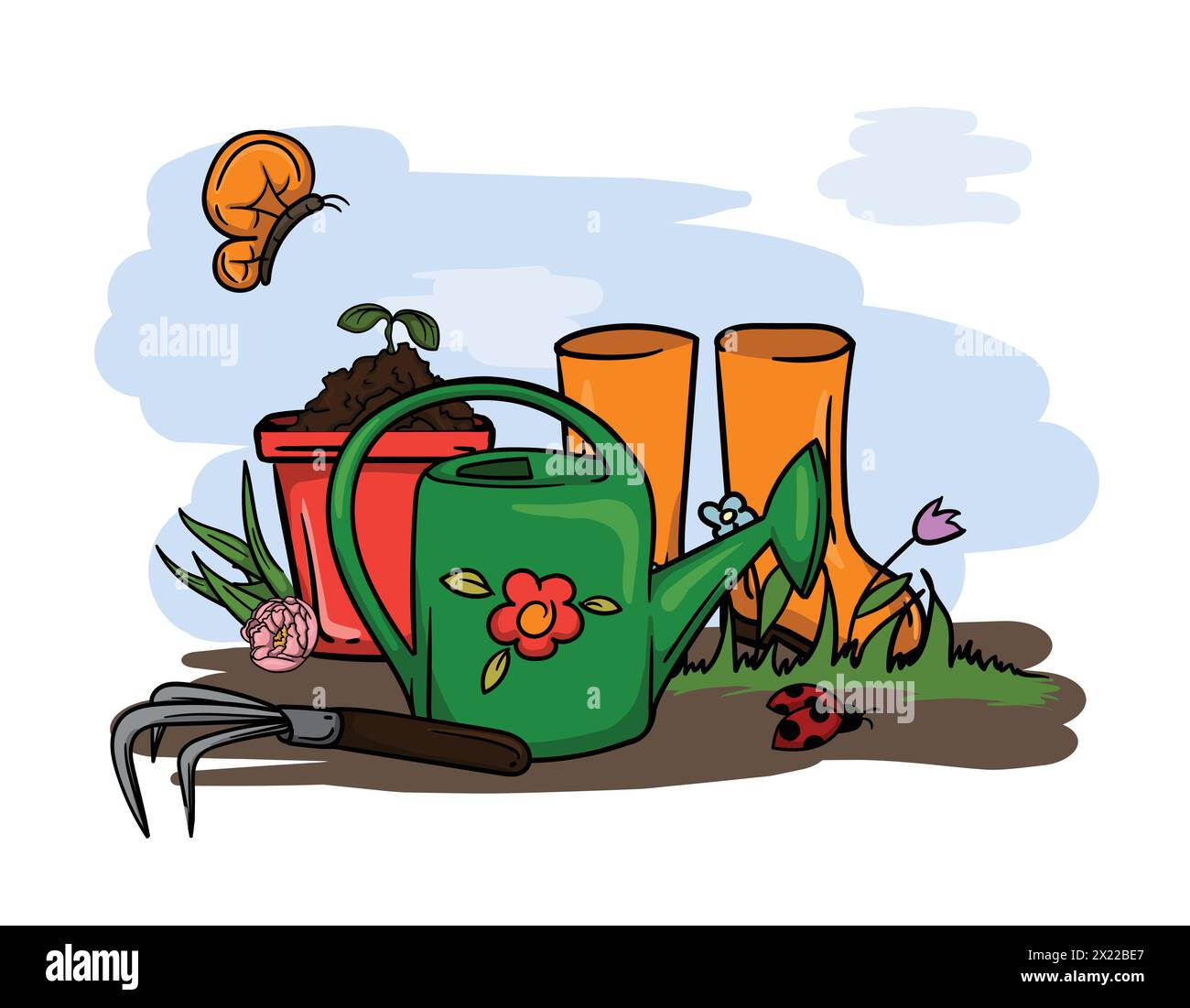 Bright vector hand drawn illustration of gardening tools, watering can ...
