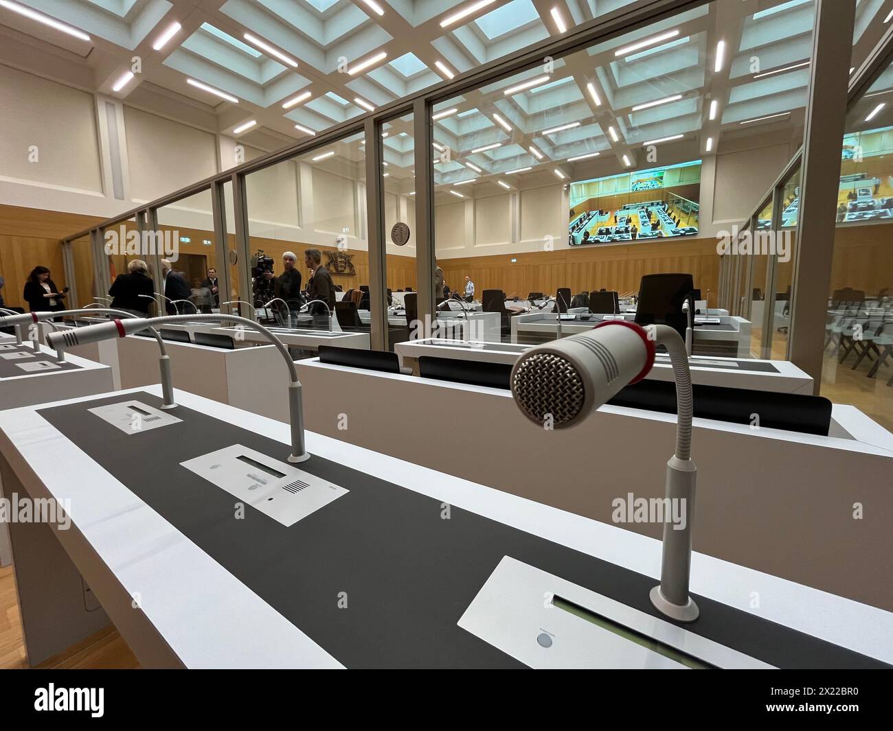 Stuttgart, Germany. 19th Apr, 2024. Microphones are installed in the ...