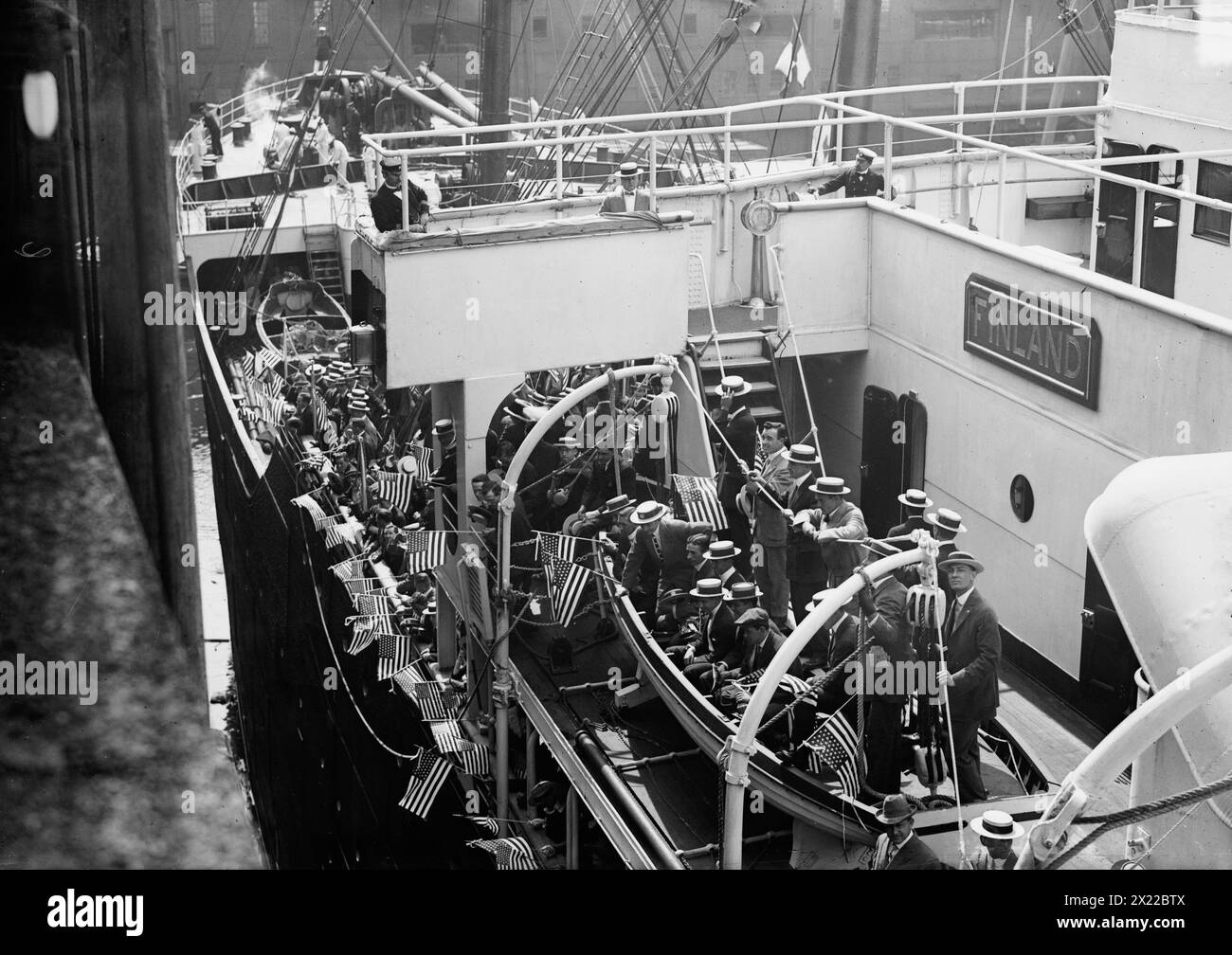 Athletes on FINLAND, 1912. Shows the Red Star Line ship Finland, which ...